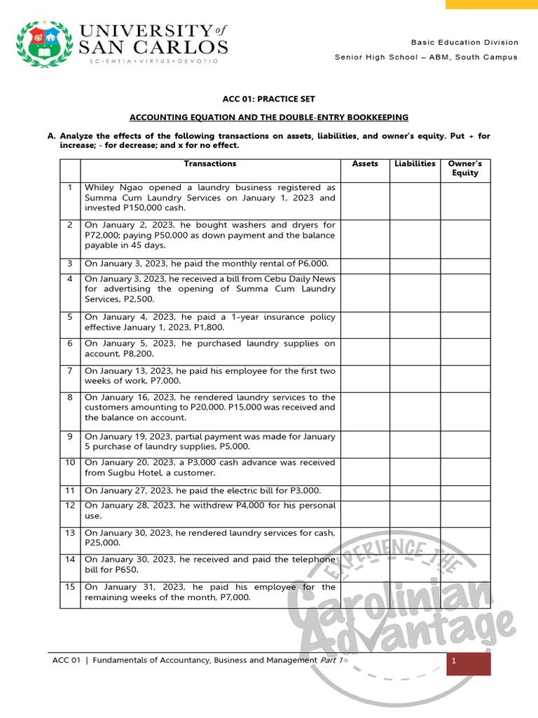 ACC 01_Practice Set_Accounting Equation and the Double-entry ...