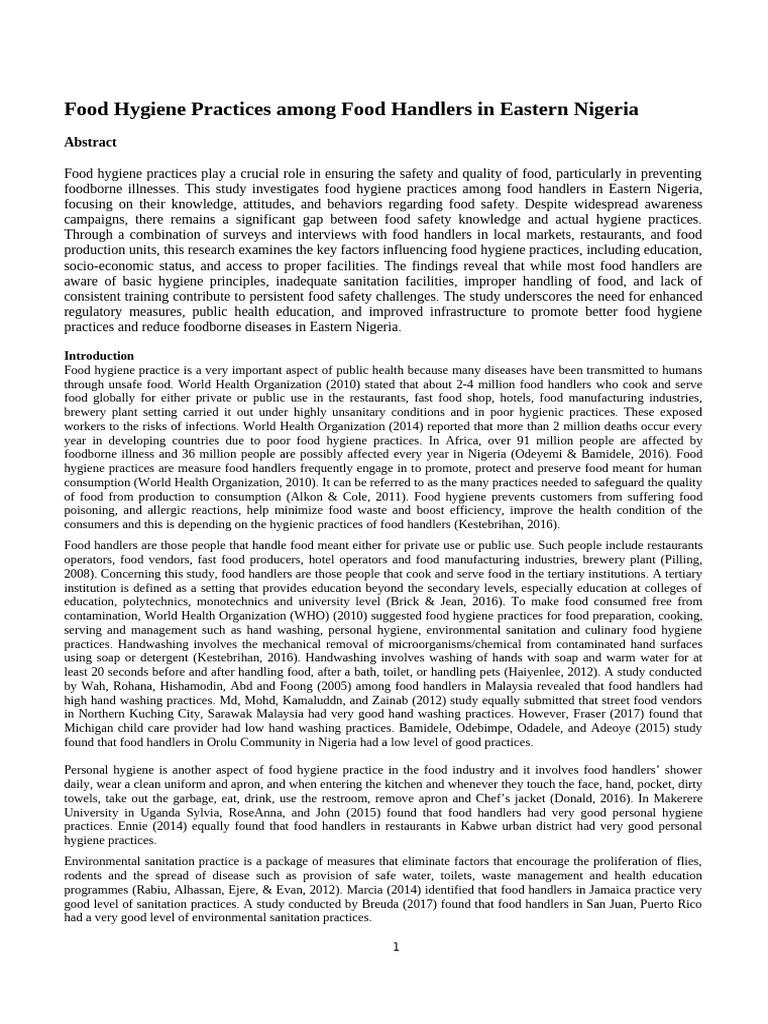 Food Hygiene Practices Among Food Handlers in Eastern Nigeria (Case ...