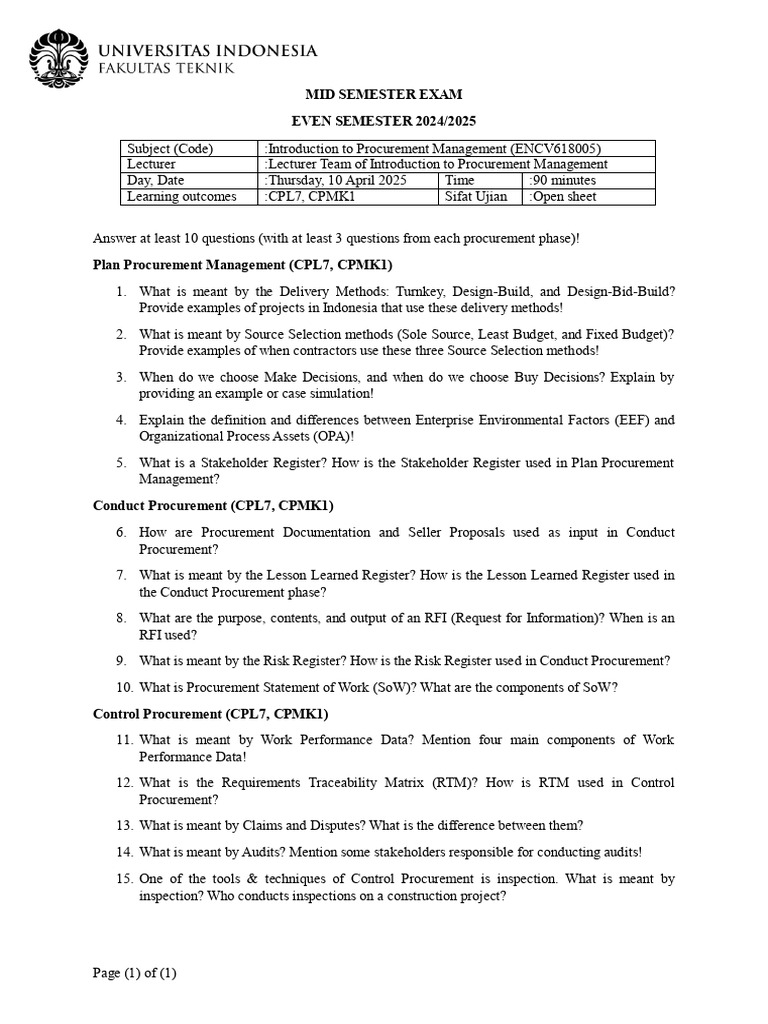 UTS Introduction To Procurement Management - 24maret2025 | PDF | Procurement | Business