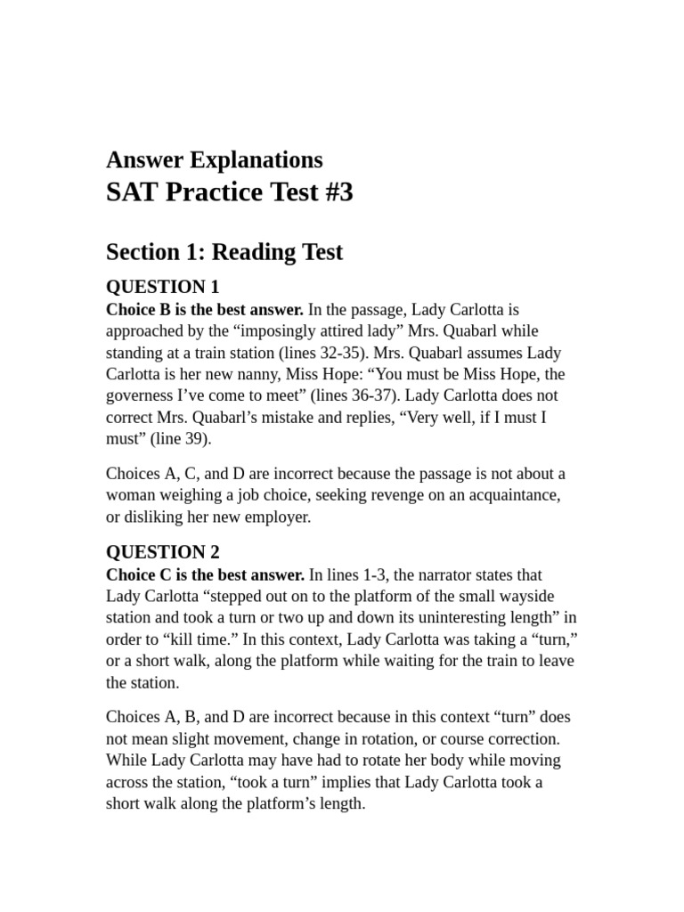 SAT Practice Test #3 Reading Answers | PDF | Pronoun | Plural