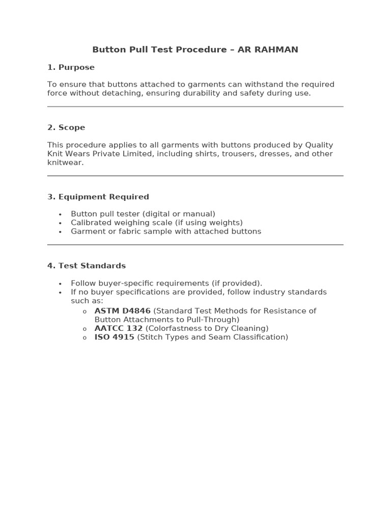 Button Pull Test Procedure AR RAHMAN 1 | PDF