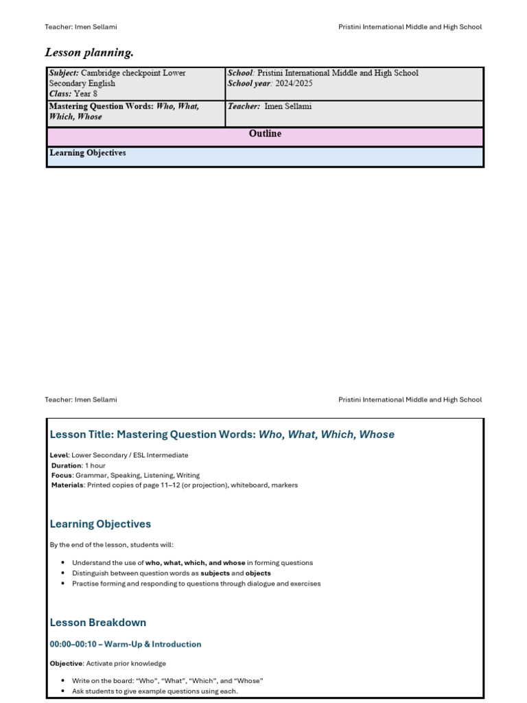 Year 8 Lesson Plan: Question Words | PDF | Question | Learning