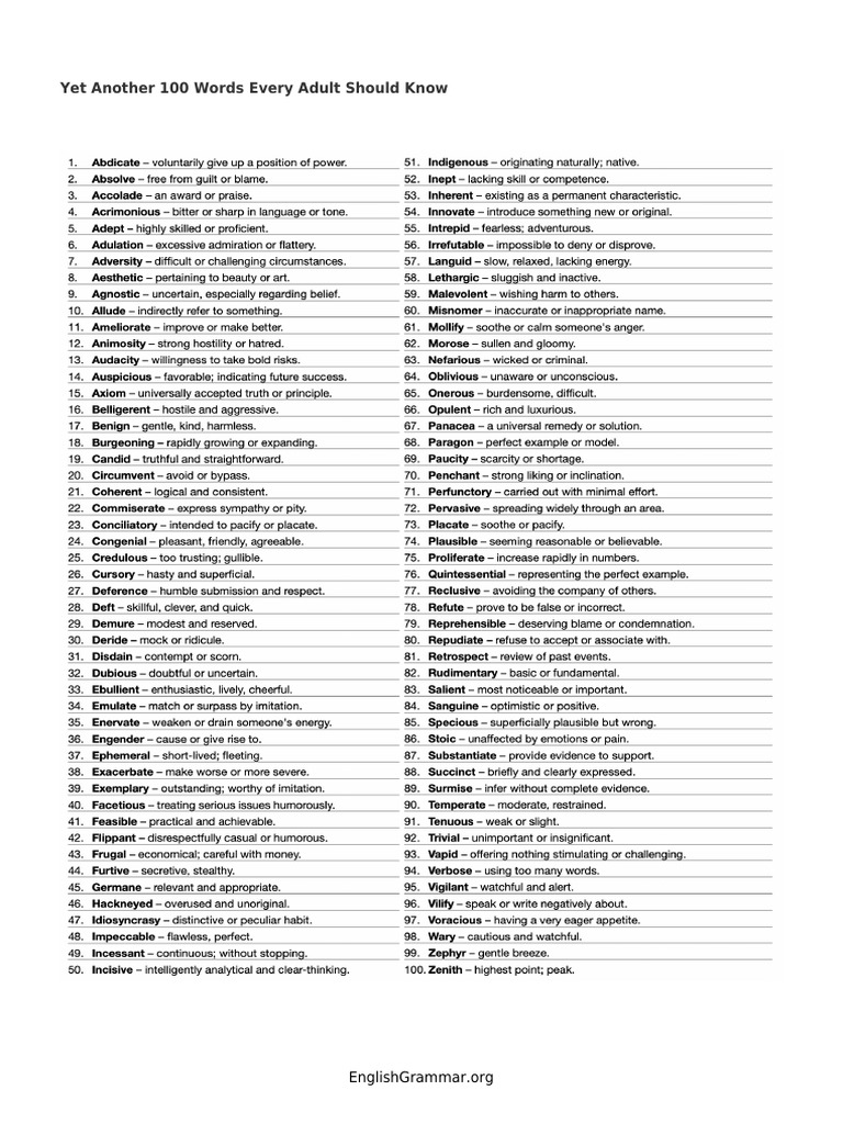 100 Essential Words for Adults | PDF | Emotions | Subjective Experience