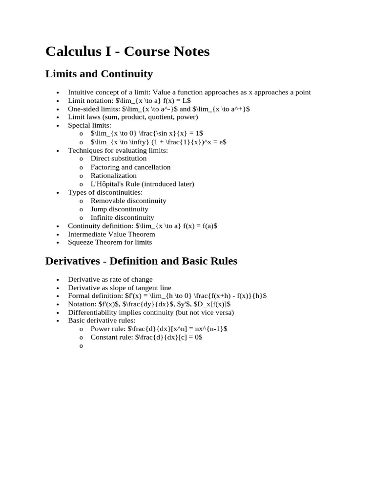 Calculus I: Limits and Derivatives Guide | PDF