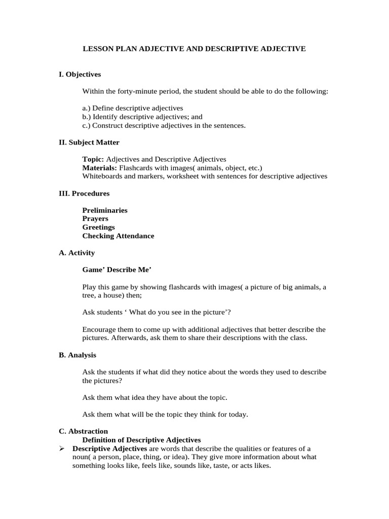 LESSON PLAN ADJECTIVE AND DESCRIPTIVE ADJECTIVE | PDF | Adjective ...
