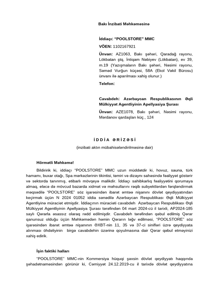 İddia - Ərizəsi (1) (AutoRecovered) | PDF