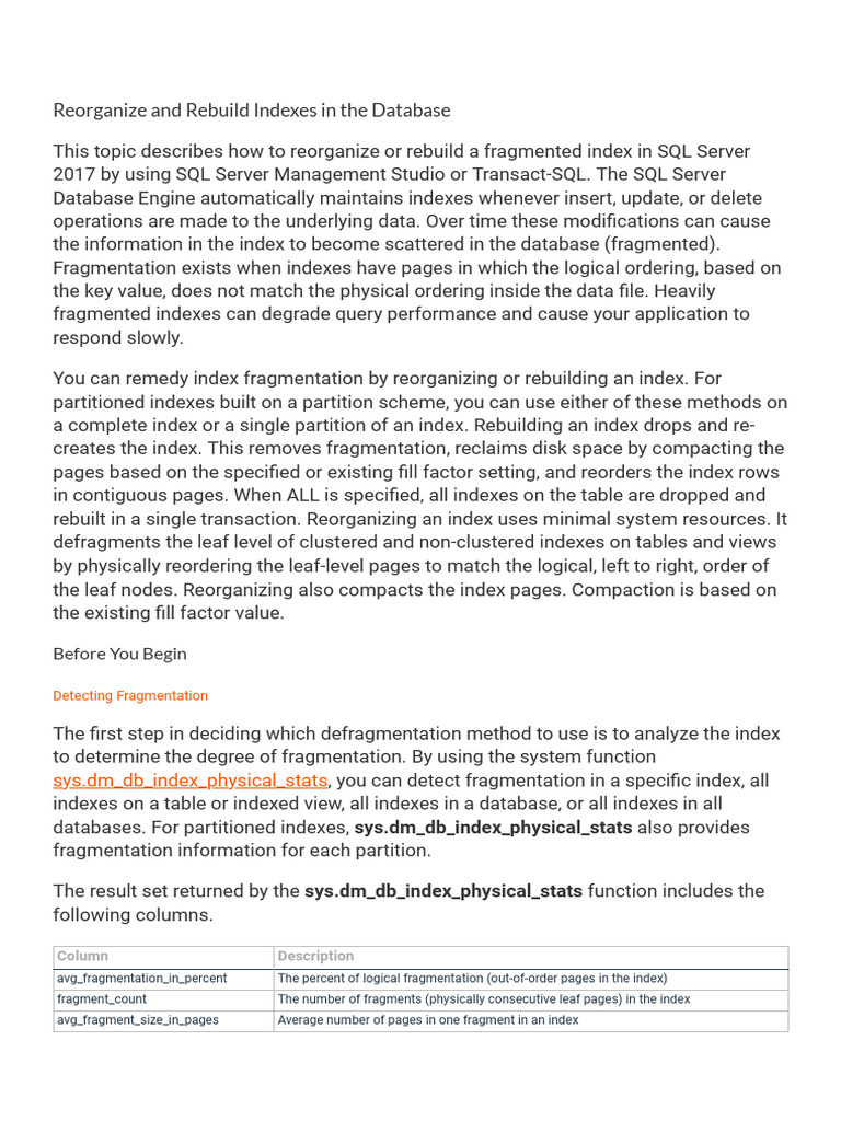 Reorganize and Rebuild Indexes in The Database | PDF | Database Index | Microsoft Sql Server