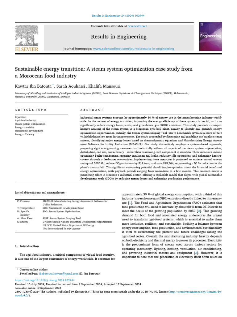Sustainable Energy Transition - A Steam System Optimization Case Study From A Moroccan Food ...