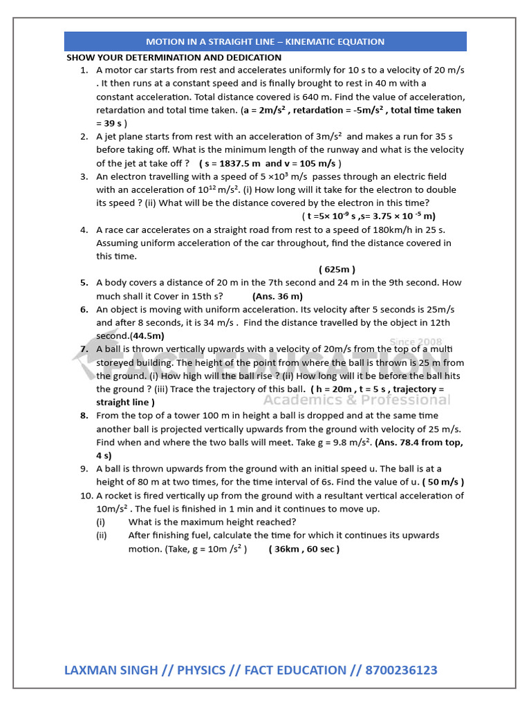 Motion in A Straight Line - Kinematic Equation Question FE | PDF ...