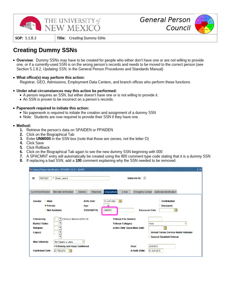 General Person Sop 5.1.8.3 Creating Dummy SSN | PDF