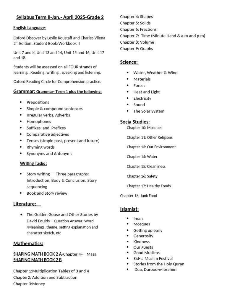 Grade 2 Term II Syllabus 2025 | PDF | Linguistics | Syntax