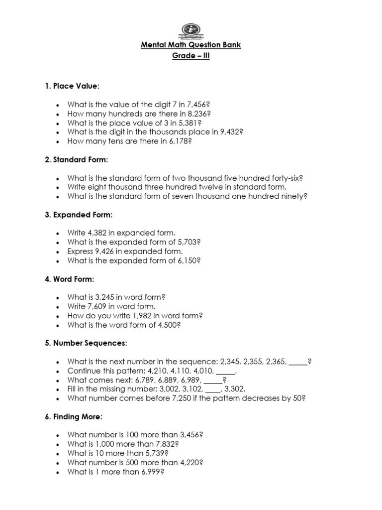 Grade 3 Mental Math Quiz Bank | PDF | Shape | Triangle