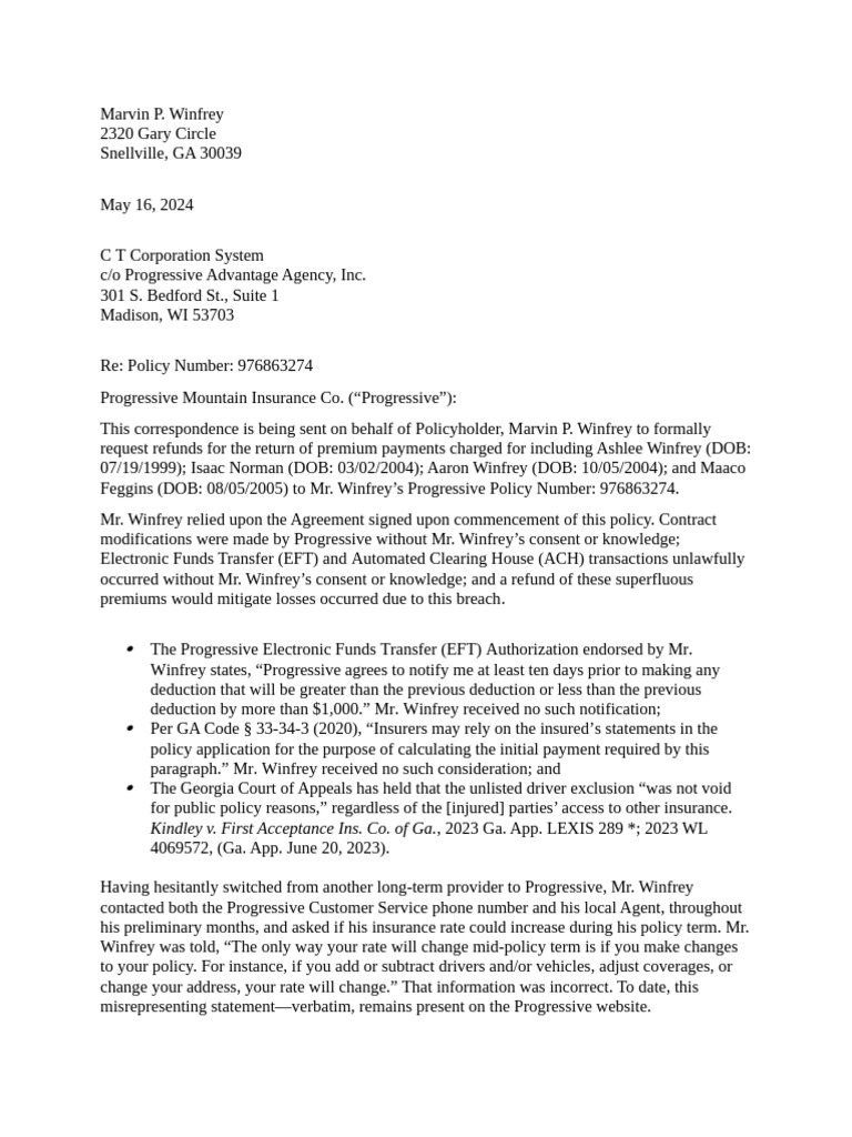 Progressive 976863274 Winfrey 16MAY2024 | PDF | Insurance | Private Law