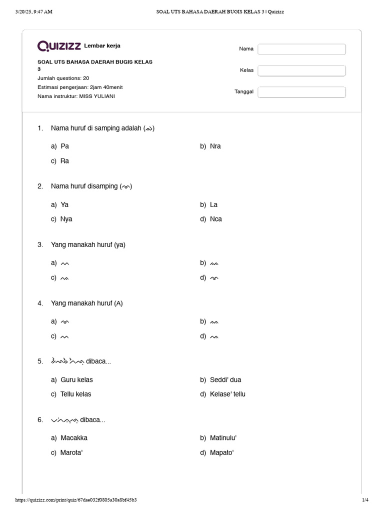 SOAL UTS BAHASA DAERAH BUGIS KELAS 3 - Quizizz | PDF