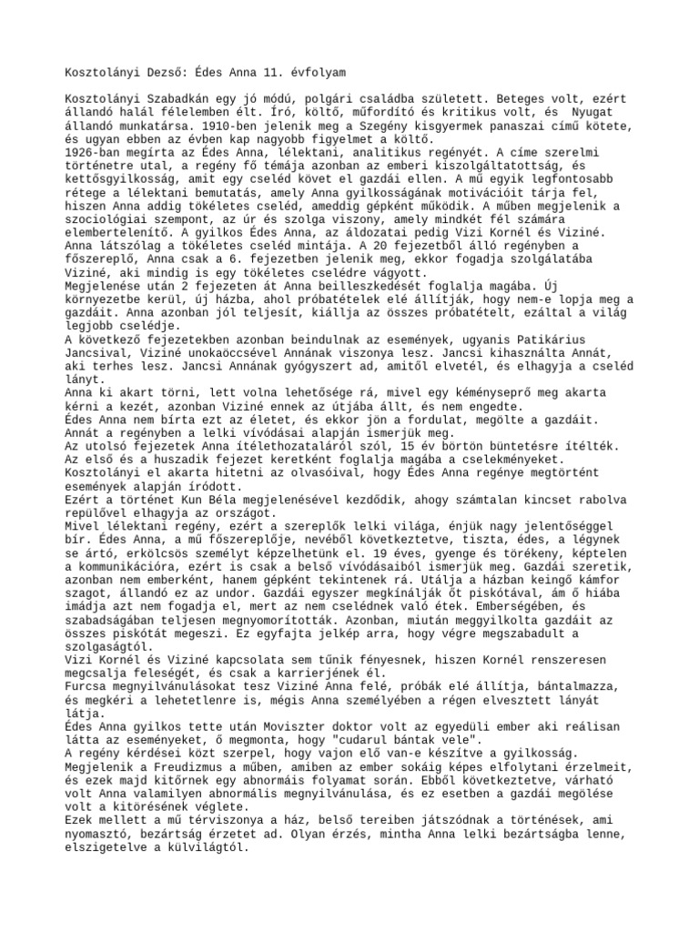 Kosztolányi Dezső Édes Anna 11. évf | PDF