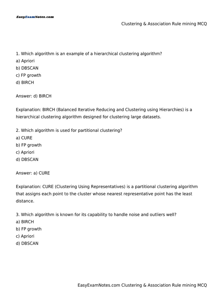 Clustering & Association Rule Mining MCQs | PDF | Cluster Analysis ...
