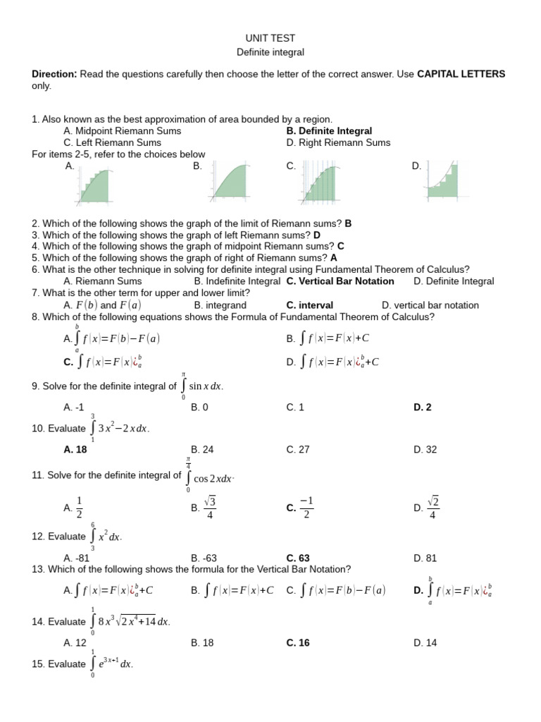 Unit Test Definite Inegral | PDF | Integral | Mathematical Relations