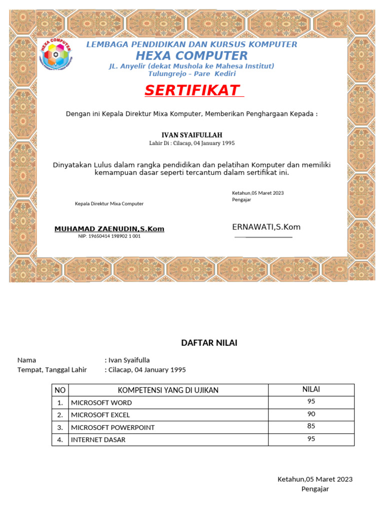 Contoh Sertifikat Komputer | PDF