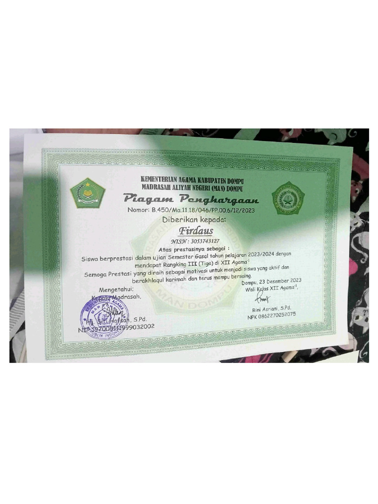 Sertifikat Rangking Kelas | PDF