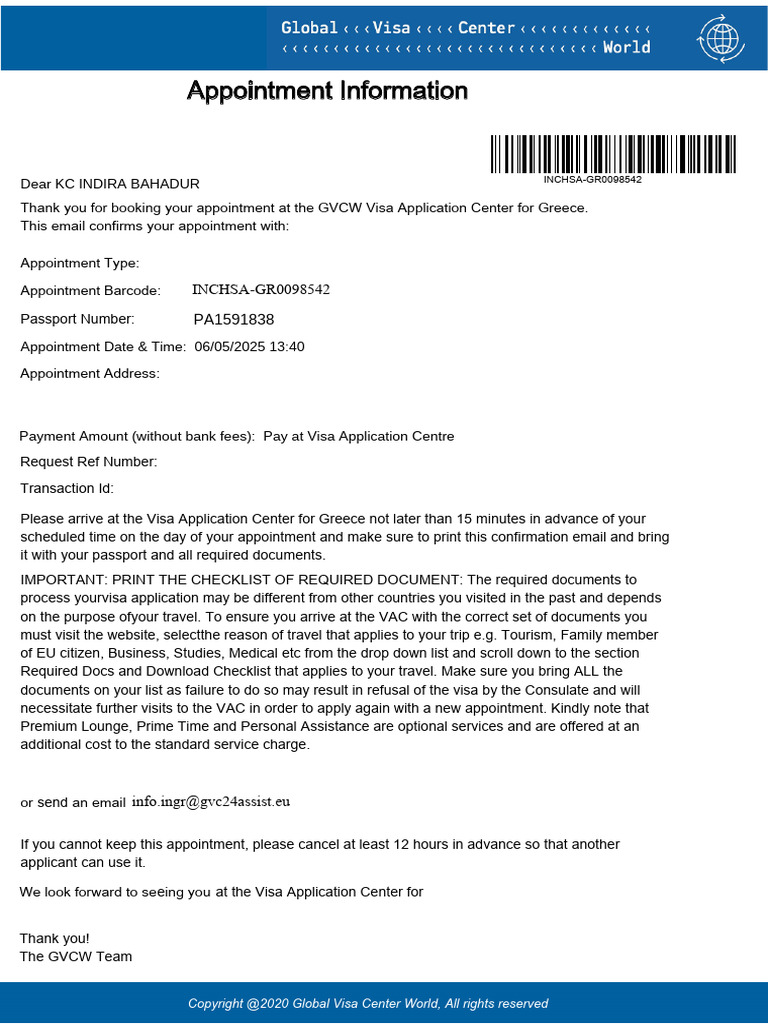 Greece Visa Appointment Confirmation | PDF