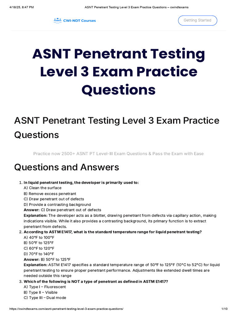 ASNT Penetrant Testing Level 3 Exam Practice Questions - Cwindtexams ...