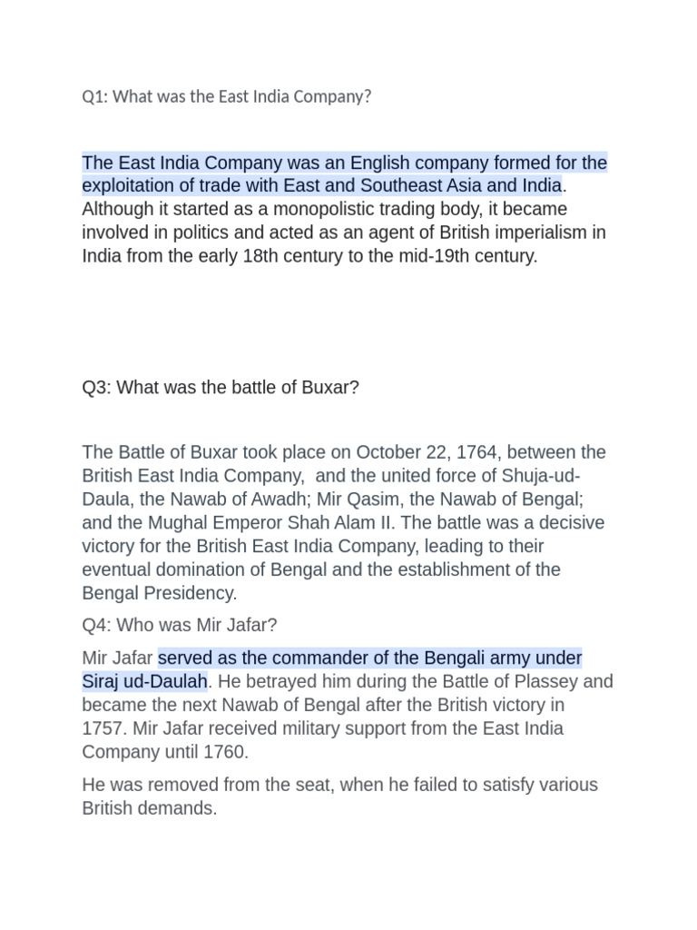 British in India Answer Key Q1 To Q5 | PDF | Mughal Empire