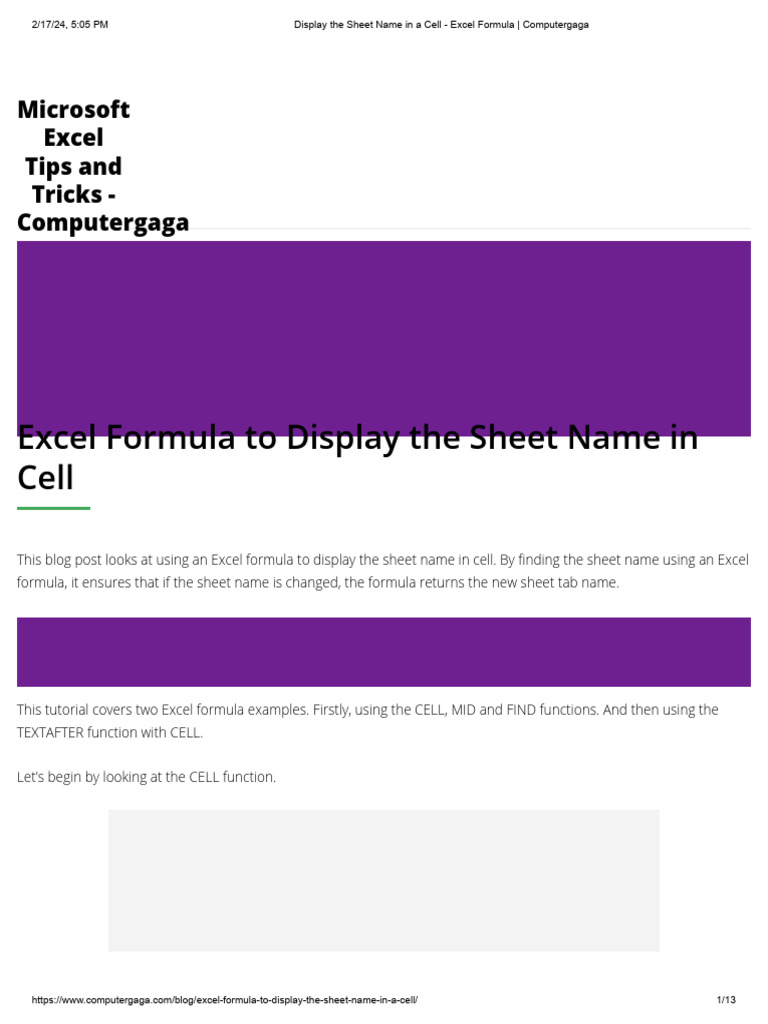 Display The Sheet Name in A Cell - Excel Formula - Computergaga | PDF | Microsoft Excel | Data ...