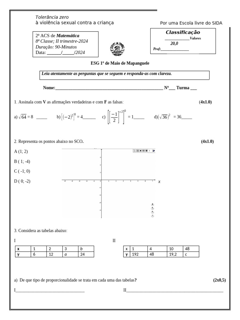 2a ACS - 8a Classe - IITrim-2024 | PDF | Análise | Matemática