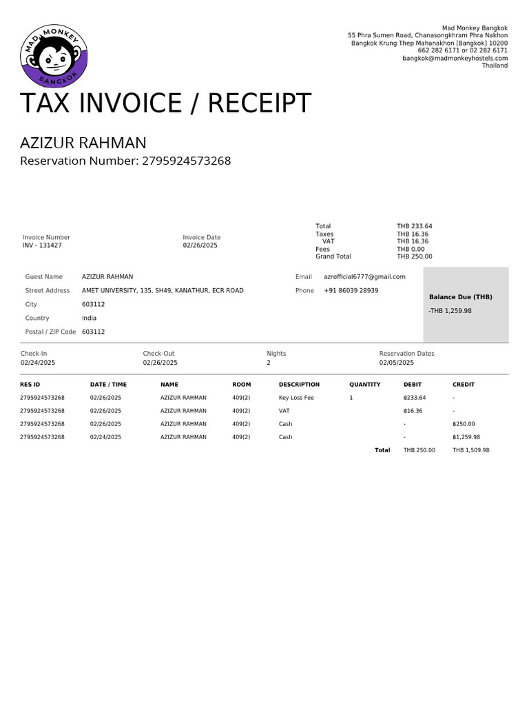 Mad Monkey Bangkok Tax Invoice 2025 | PDF | Payments