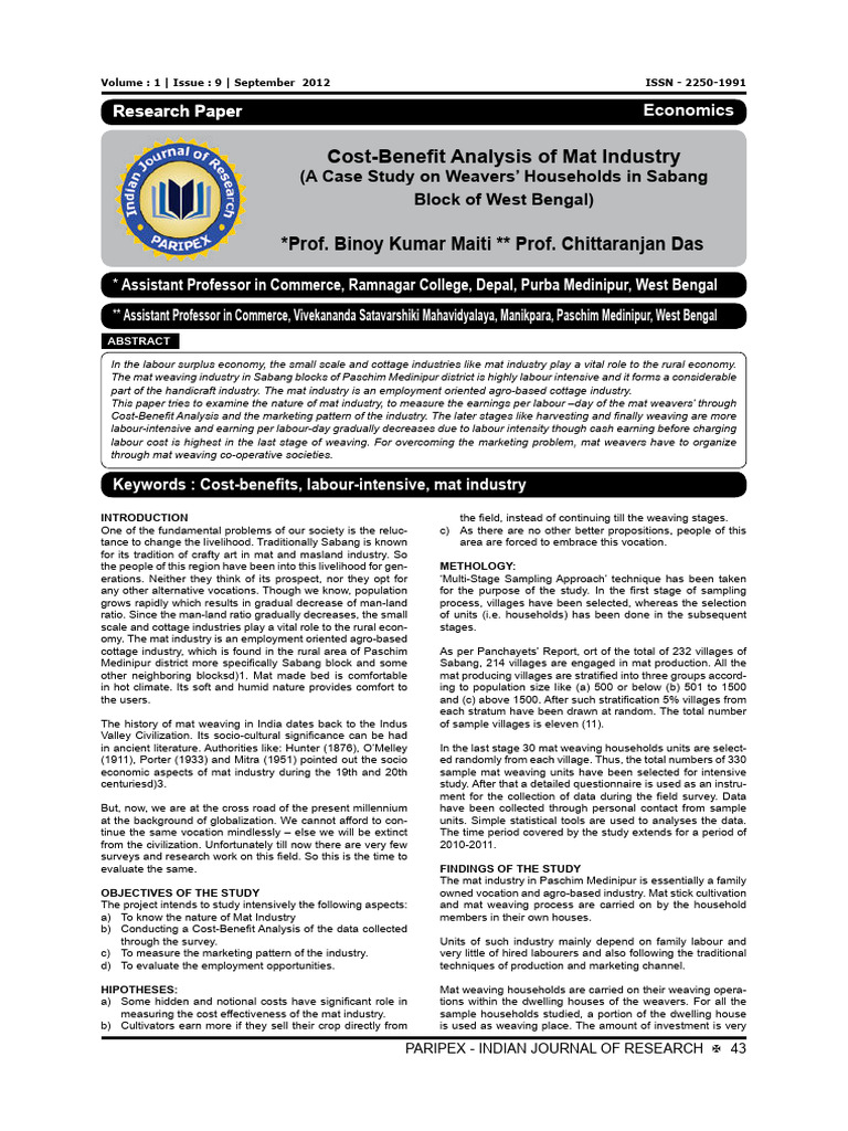 Costbenefit Analysis of Mat Industry A Case Study On Weavers Households in Sabang Block of West ...