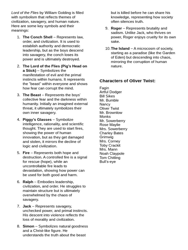 Lord of the Flies by William Golding is filled with symbolism that ...