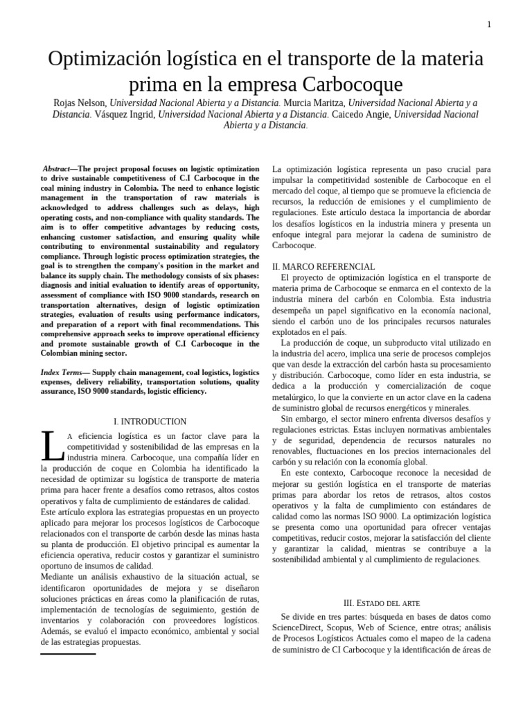 Articulo Optimización Logística en El Transporte de La Materia Prima en La Empresa Carbocoque ...