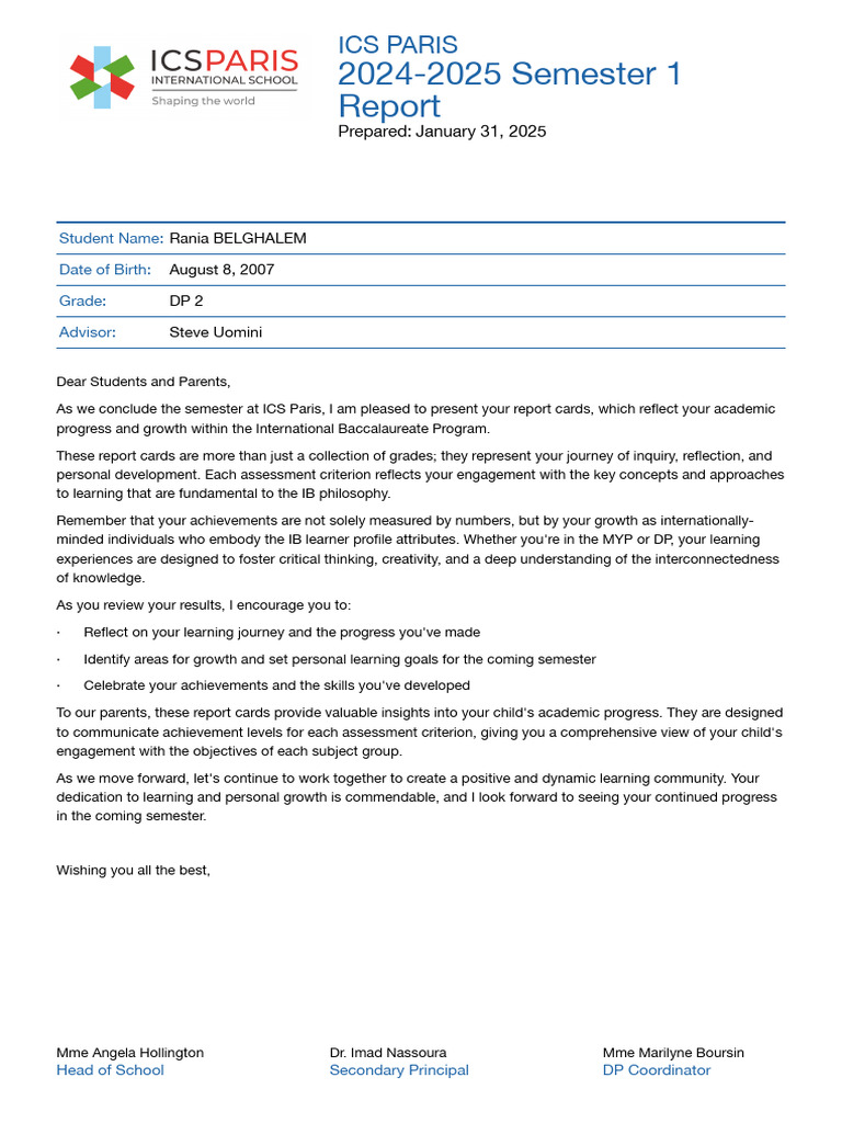 2024-2025 Semester 1 Report DP 2 BELGHALEM Rania Rania 2025-01-31 | PDF | Creativity | Critical ...