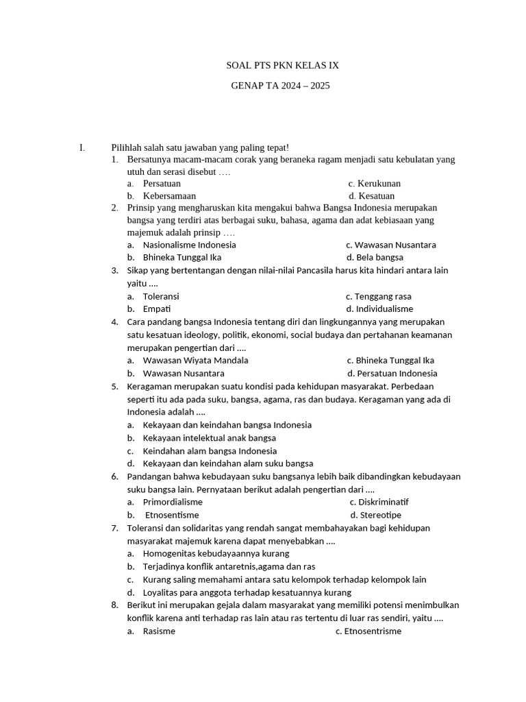 Soal PTS PKN Kelas Ix Genap 2024 | PDF