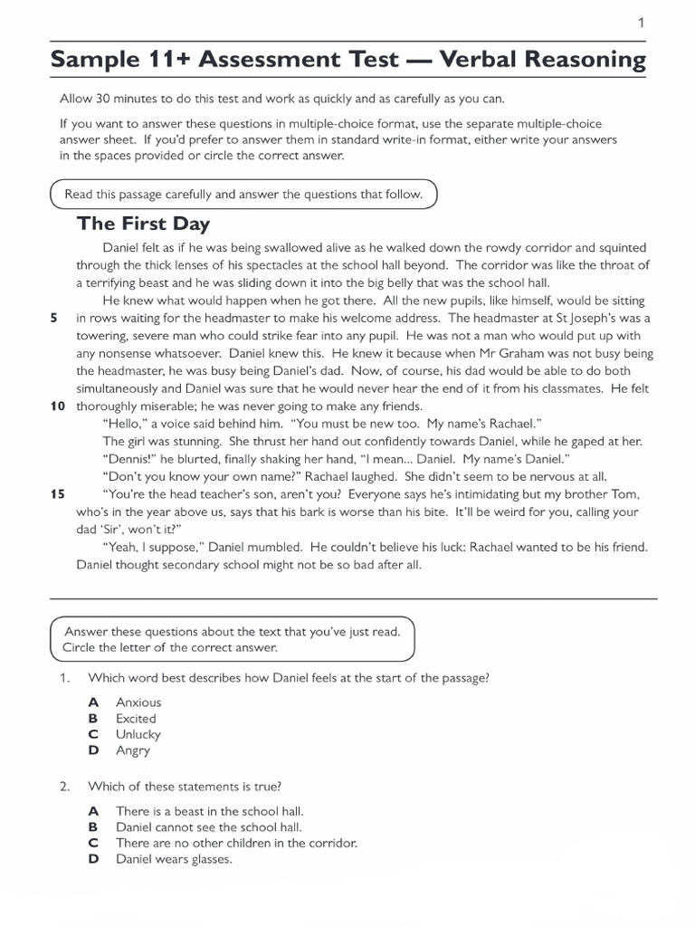 11 Plus Comprehension Daniels's First Day | PDF