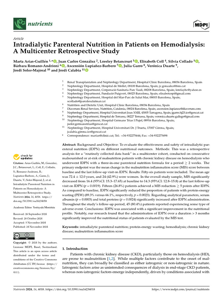 2. Intradialytic Parenteral Nutrition in Patients on Hemodialysis | PDF | Chronic Kidney Disease ...