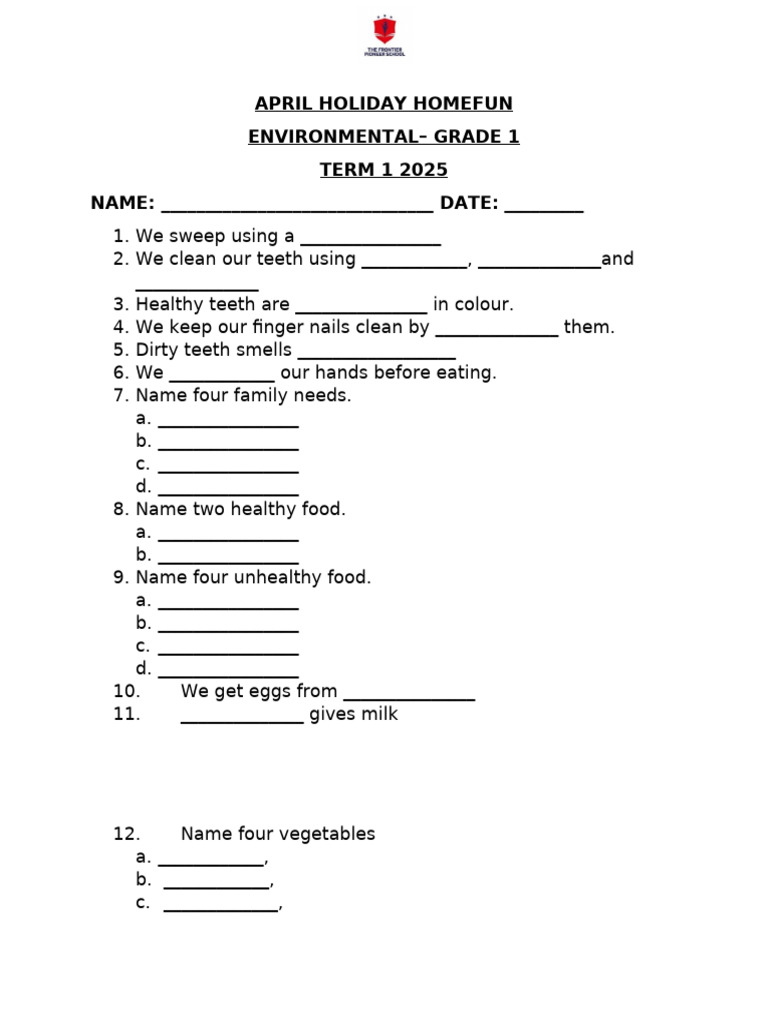 Grade 1 Environmental Holiday Worksheet | PDF