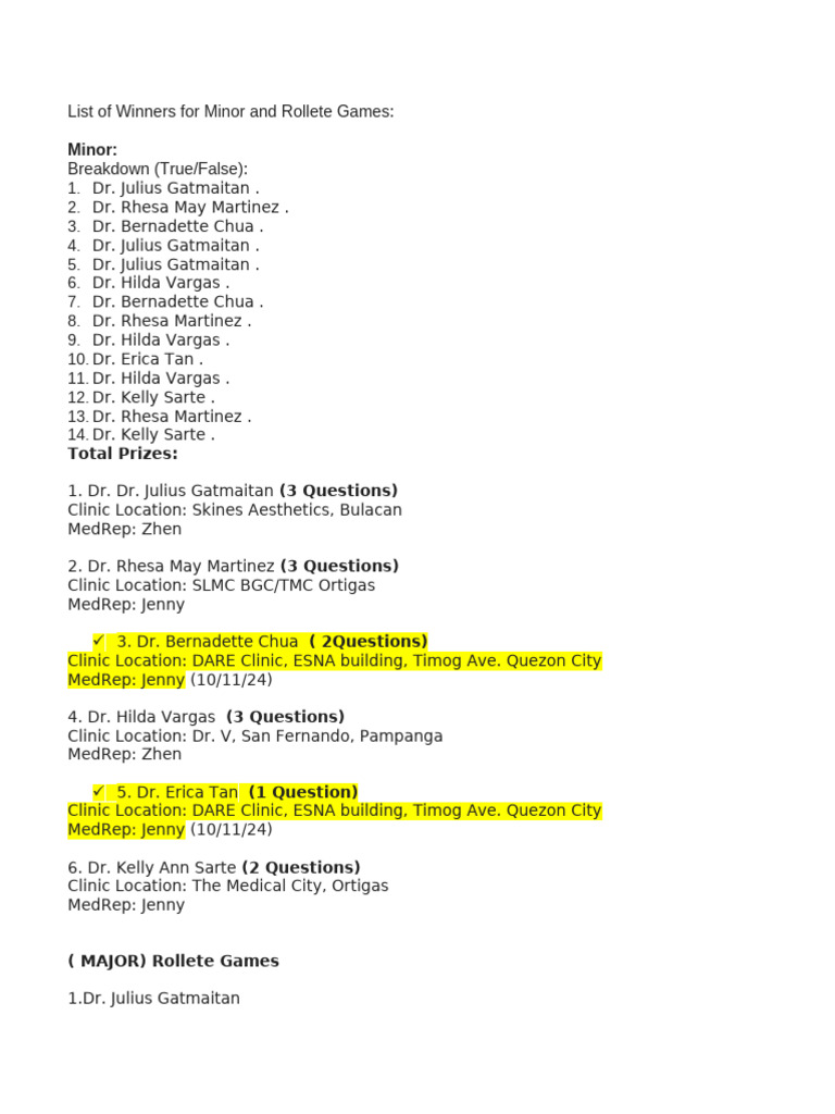 Angie---List of Winners for Minor and Rollete Games | PDF