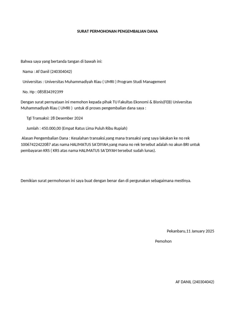 Surat Permohonan Pengembalian Dana | PDF