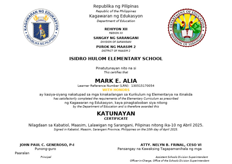 Deped Certificate Elementary | PDF