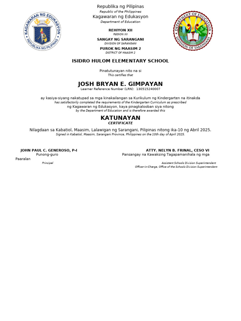 Kindergarten Completion Certificate Philippines | PDF