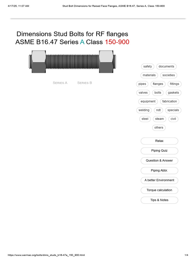 Stud Bolt Dimensions for Raised Face Flanges, ASME B16.47, Series A, Class 150-900 | PDF ...