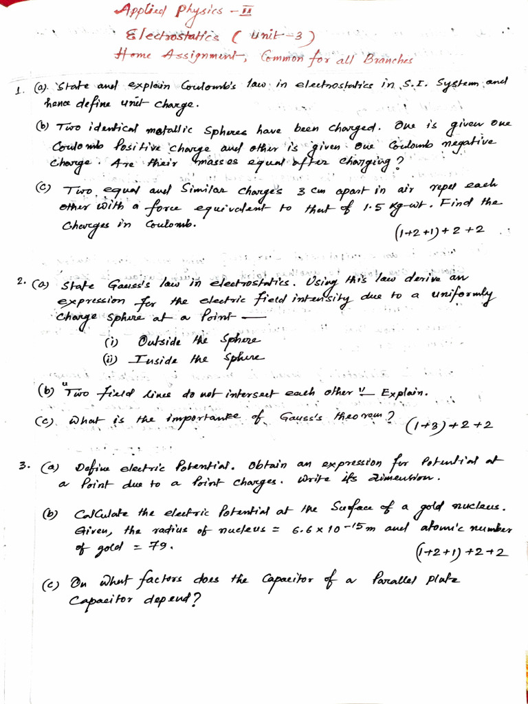 Assignment (Electrostatics) Sem-II, Applied Physics-II | PDF
