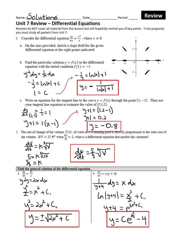 Unit 7 Differential Equations Review | PDF