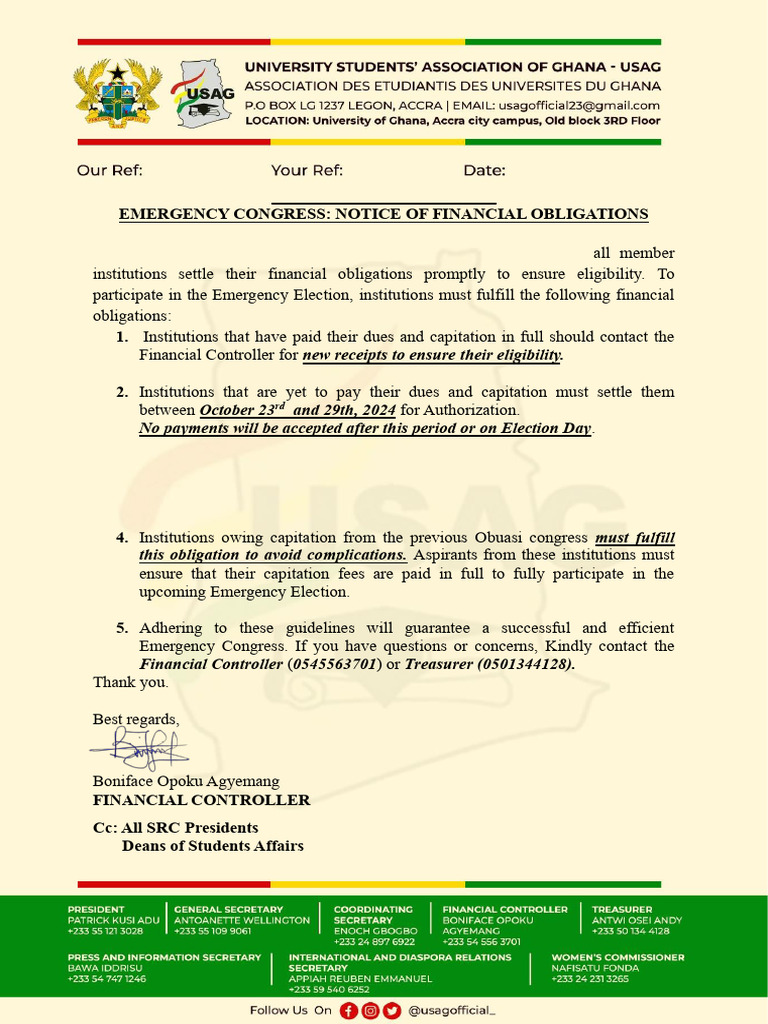 Notice of The Usag Emergency Election's Financial Obligations | PDF
