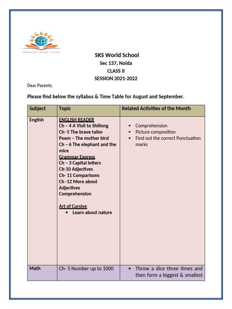 Class II Syllabus & Timetable 2021-22 | PDF | Linguistics