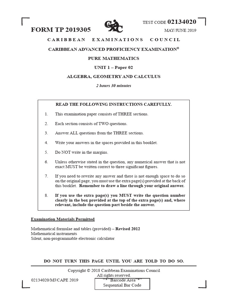 CAPE_Pure_Mathematics_U1_P2_2019 | PDF | Inequality (Mathematics) | Area