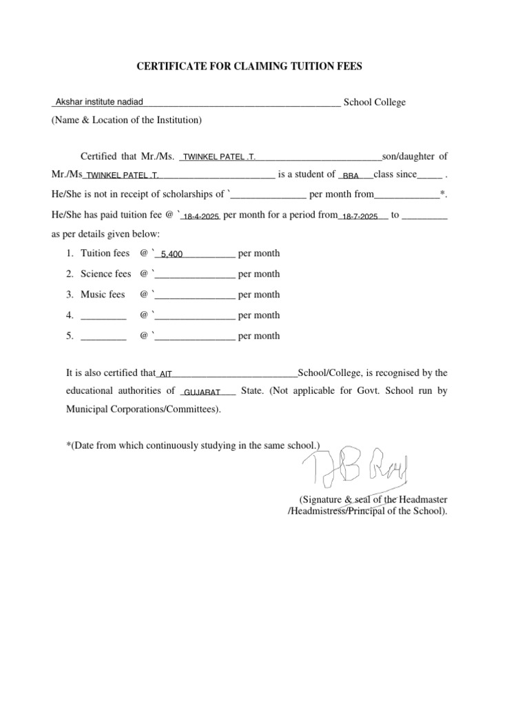 Certificate For Claiming Tuition Fee | PDF