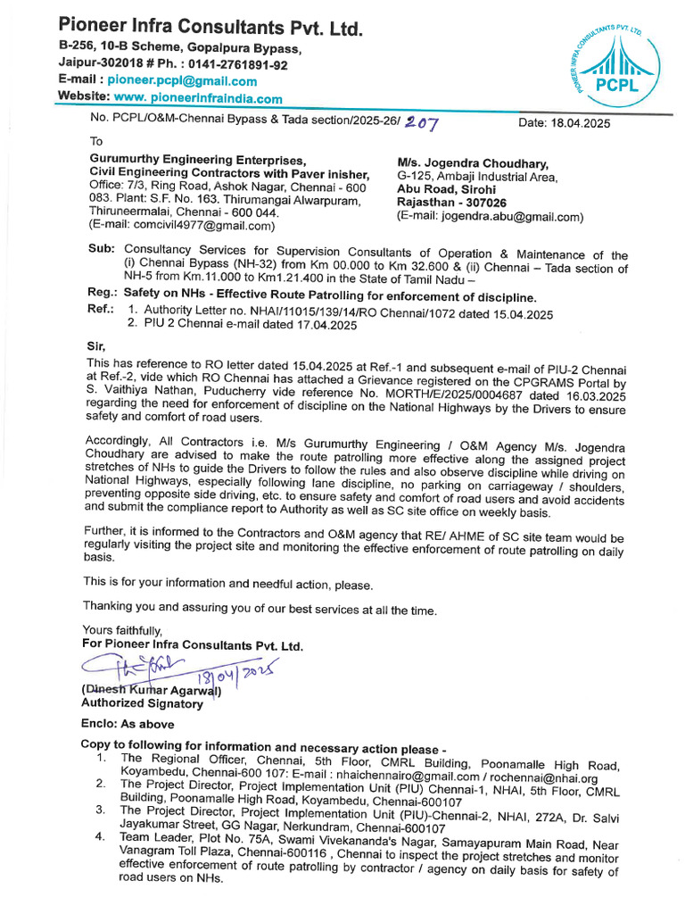 Letter No. 207 - Safety On NHs - Effective Route Patrolling For ...
