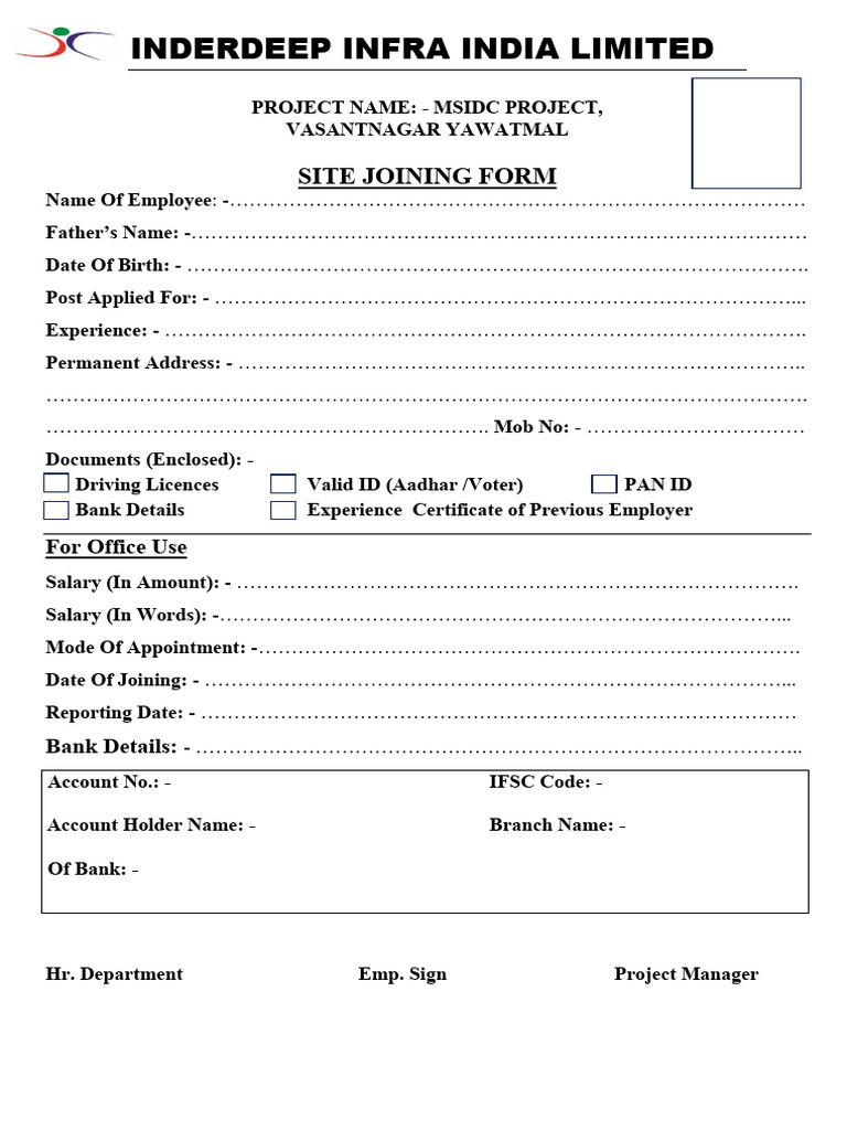 Joining Form Inderdeep Infra India LTD Joining Form | PDF